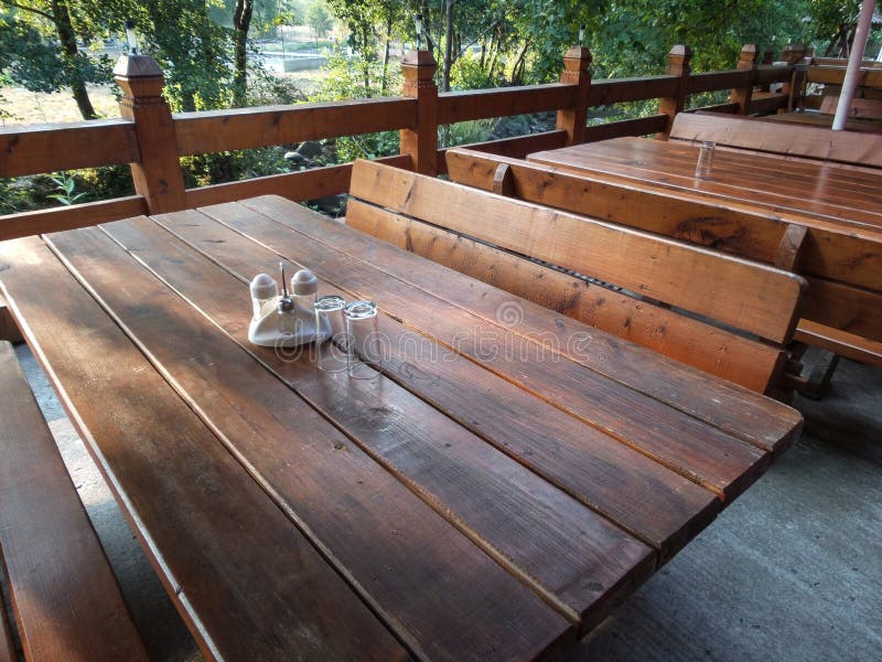Wooden Tables and Bench on Terrace Stock Image - Image of beautiful ...