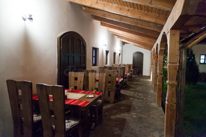 Wooden Tables and Bench on Terrace Stock Image - Image of relax ...