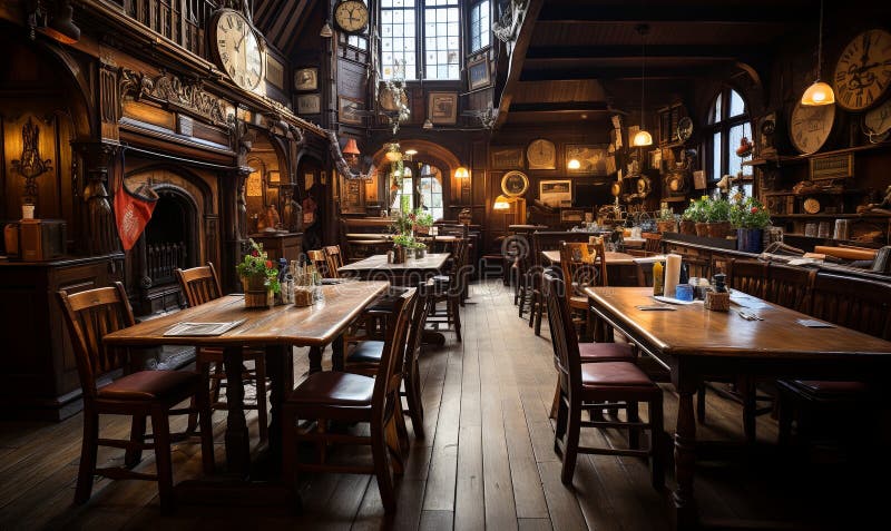 Wooden Tables and Chairs in Restaurant with Wall Clock Stock Photo ...