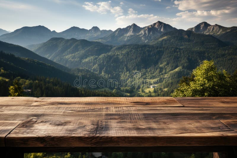 A Wooden Tabletop Against Backdrop of Majestic Mountain Peak Blank ...