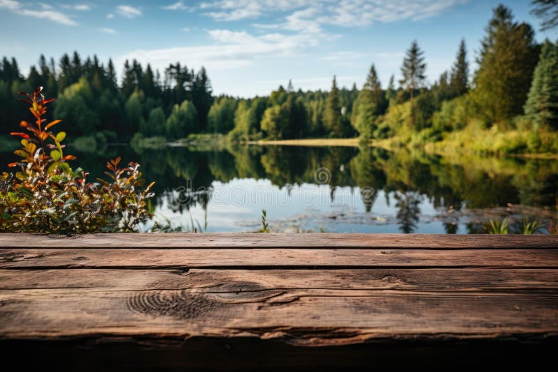 A Wooden Tabletop Against Backdrop of Serene Forest Lake Blank Surface ...