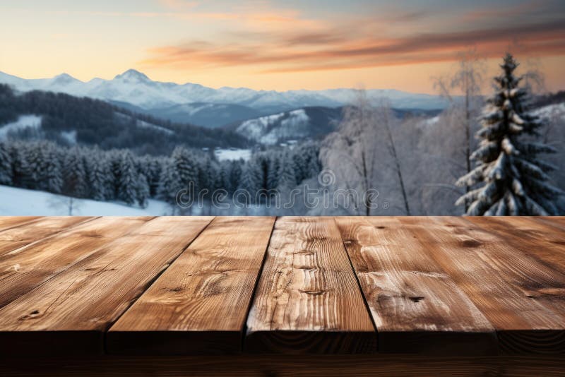 A Wooden Tabletop Against Backdrop of Snowy Winter Landscape Blank ...
