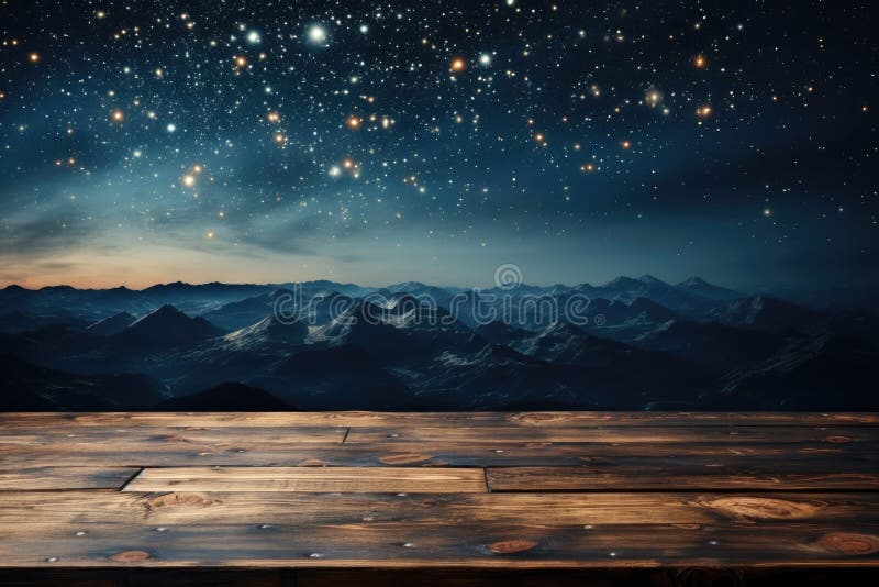 A Wooden Tabletop Against Backdrop of Starry Night Sky Blank Surface ...