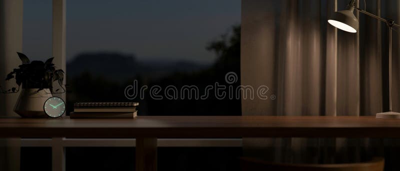A Wooden Tabletop Against the Window in a Modern Dark Room at Night ...