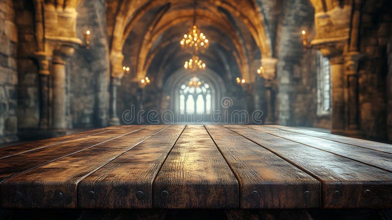 Wooden Tabletop with Blurred Castle Chamber. Ideal for Packaging or ...