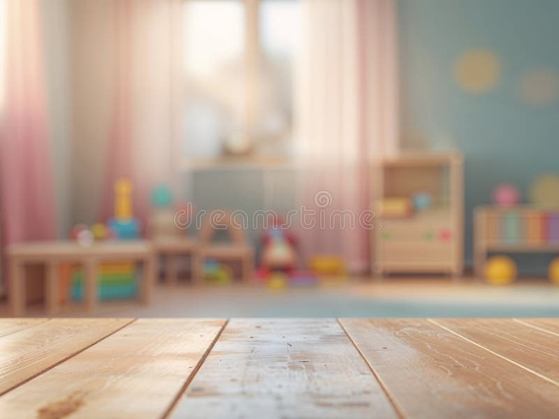 Wooden Tabletop in Blurred Child S Playroom Background Stock Image ...