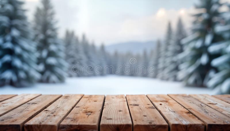 Wooden Tabletop on Blurred Winter Background. Snow-covered Trees ...