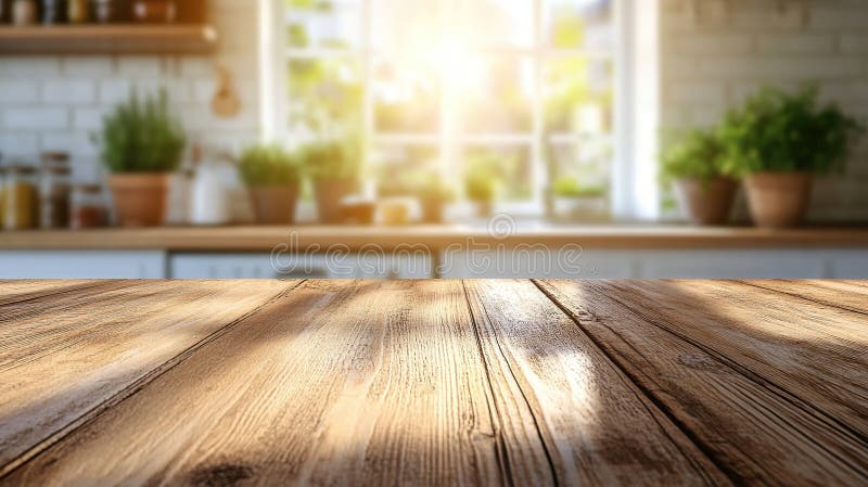 Wooden Tabletop with a Blurry Background of a Kitchen Window and ...