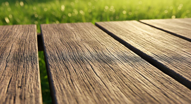 Wooden Tabletop Close-up with Green Grass Background Texture Stock ...