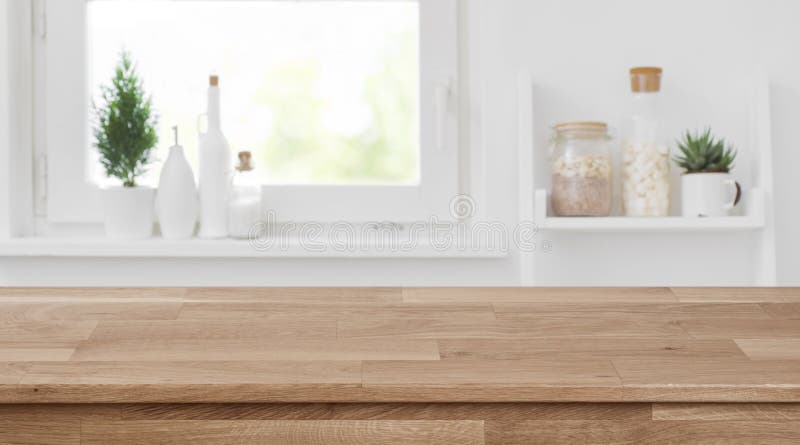 Wooden Tabletop in Front of Blurred Kitchen Window, Shelves Background ...