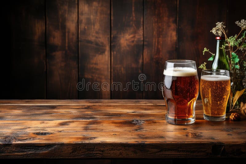 A Wooden Tabletop with Glass of Beer Backdrop of Vintage Advertisement ...