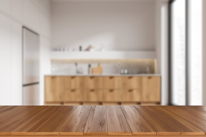 Wooden Tabletop in Modern Kitchen with Blurred Background. 3D Rendering ...