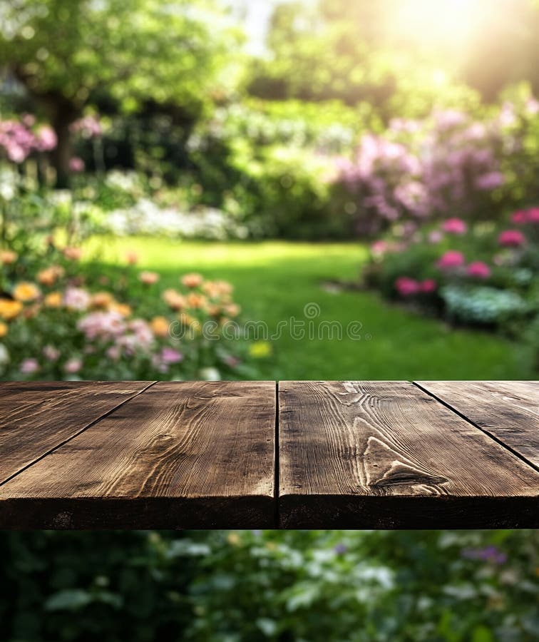 Wooden Tabletop Over Blurred Spring Garden High Quality Image Stock ...