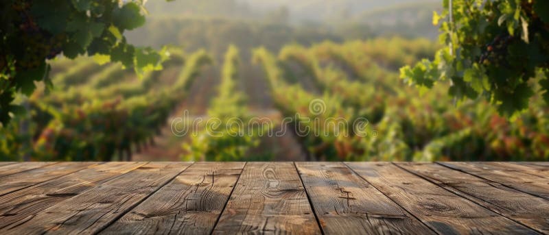 Wooden Tabletop Overlooking Vineyard with Sun Dappled through the Vines Stock Illustration ...