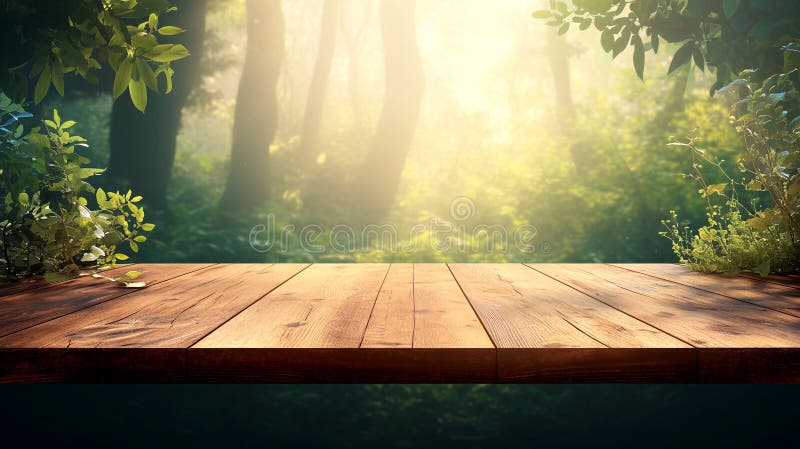 Wooden Tabletop in Sunlit Forest Stock Illustration - Illustration of ...