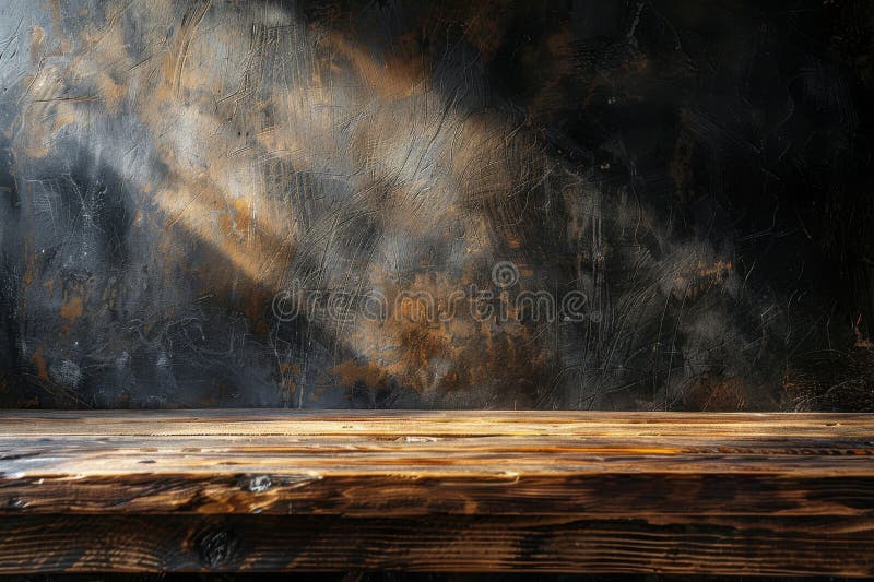 Wooden Tabletop with Sunbeams Shining through a Dark Wall Stock Image ...