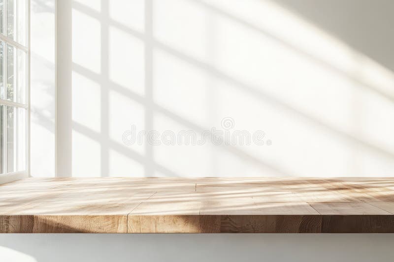 Wooden Tabletop with Sunlight Casting Window Shadow on White Wall Stock ...