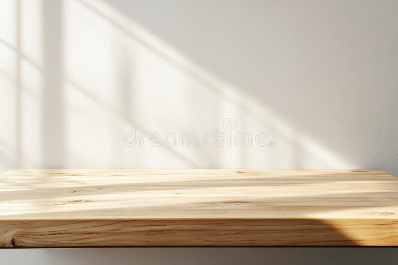 Wooden Tabletop with Sunlight and Shadow Patterns on a White Wall Stock ...