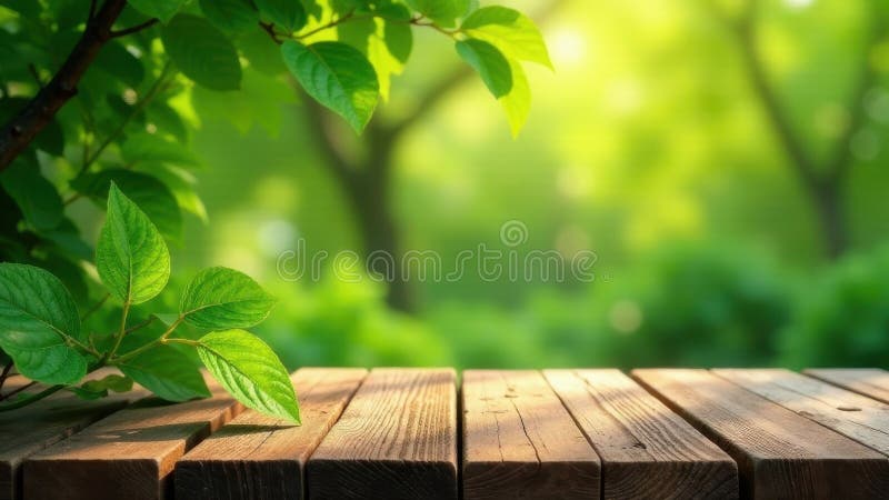 Wooden Tabletop in a Verdant Spring Setting with Sunlight Illuminating ...