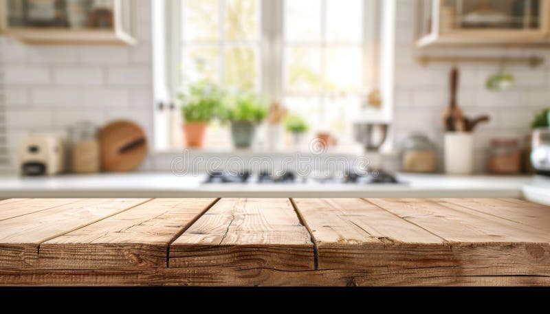Wooden Tabletop in a White Kitchen with Window View Stock Image - Image ...
