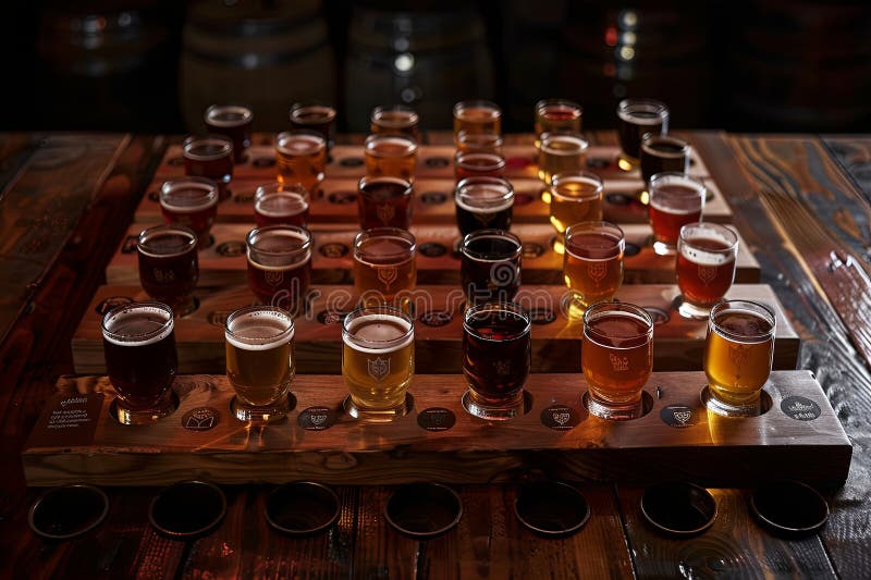 A Wooden Tasting Flight with Various Glasses of Craft Beer on a Rustic ...