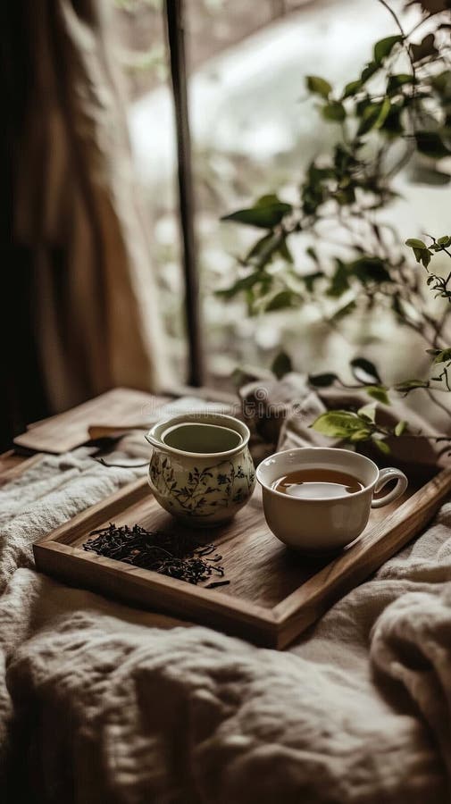 A Wooden Tea Tray with Loose Leaf Teas and Delicate Ceramic Teacups ...