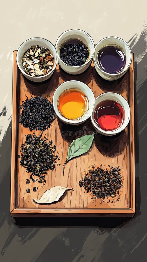 A Wooden Tea Tray with Loose Leaf Teas and Delicate Ceramic Teacups ...