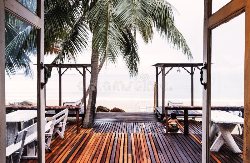 Wooden Terrace with Door Opening at the Beach, Seafront View Stock ...