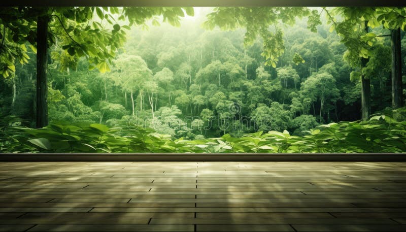 Wooden Terrace with Forest View and Sunlight. 3d Rendering Stock ...