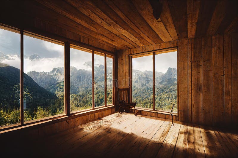 Wooden Terrace with Panoramic Window and Overlooking Green Mountains ...