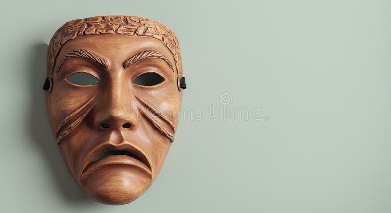 Wooden Theatrical Mask with Exaggerated Sad Expression Featuring Deep ...