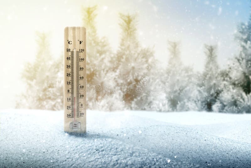 Wooden Thermometer with the Low Temperature at Winter Stock Photo ...