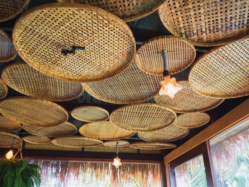 Wooden Threshing Baskets on Ceiling and Light Lamp. Stock Photo - Image ...