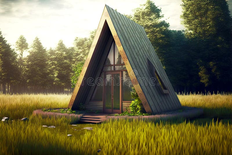 Wooden Tiny House Hut with Triangular Roof among Grass Stock ...