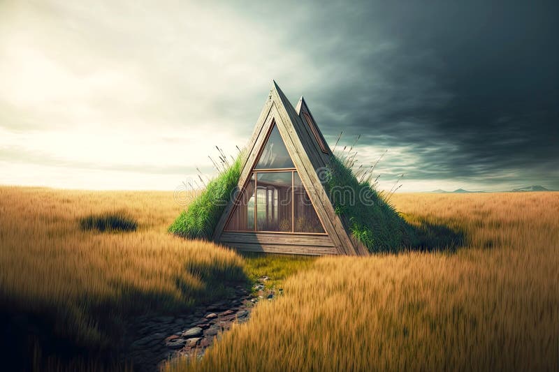 Wooden Tiny House Hut with Triangular Roof among Grass Stock ...
