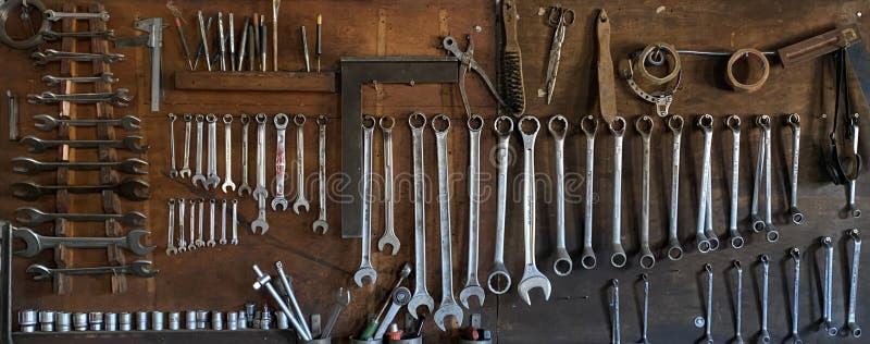 Wooden Tool Board with Structured Mechanic Tools in Workshop Stock ...
