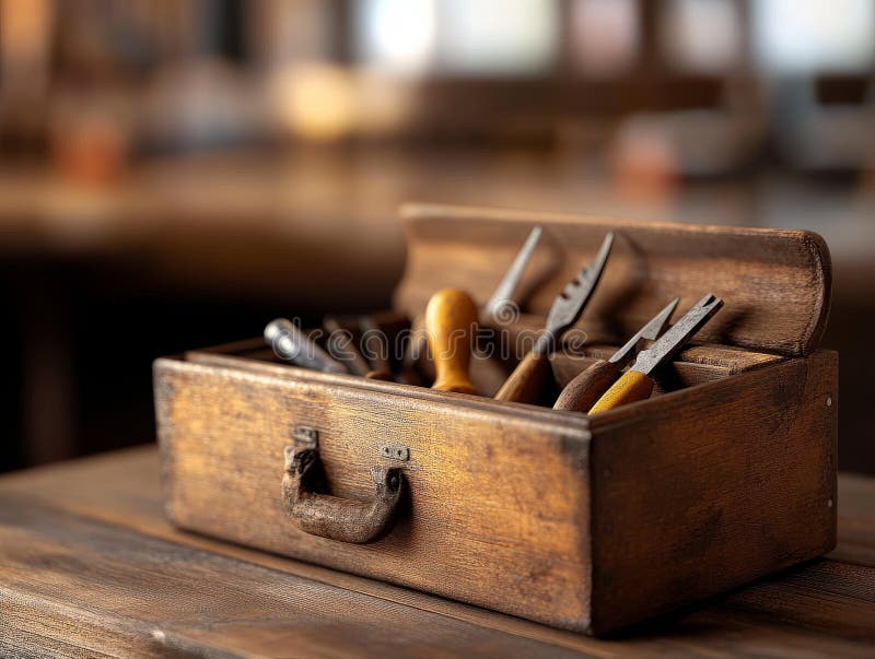 Wooden Toolbox Filled with Assorted Hand Tools on a Rustic Workbench in ...