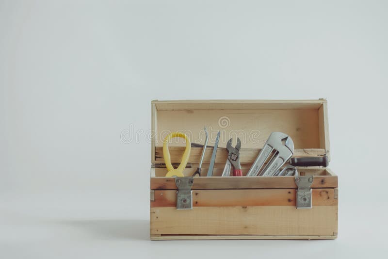 A Wooden Toolbox with Various Tools Inside, Placed on a White ...