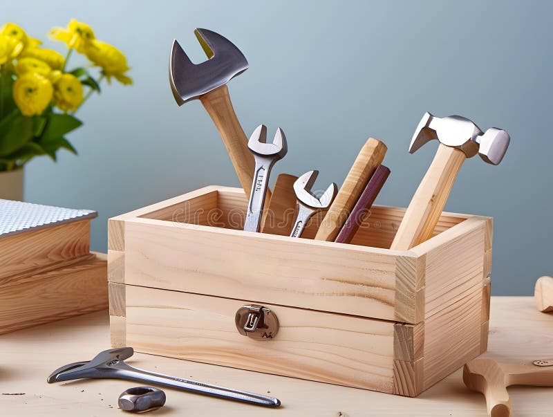 Wooden Toolbox with Various Tools on Table Against Light Blue ...