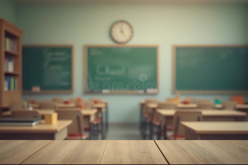 Wooden Top with Blurred Empty Classroom Background with Copy Space ...
