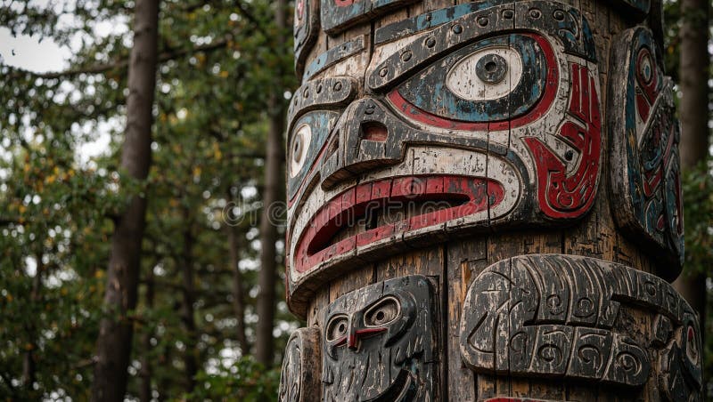 Wooden Totem Pole with Salmon Ravens Red White Paint in Forest Light ...