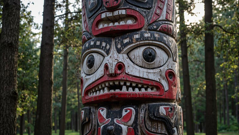 Wooden Totem Pole with Salmon Ravens Red White Paint in Forest Light ...