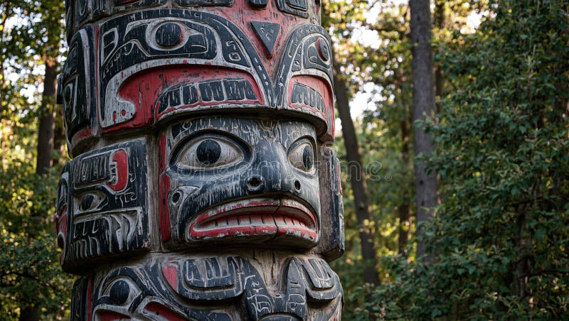 Wooden Totem Pole with Salmon Ravens Red White Paint in Forest Light ...