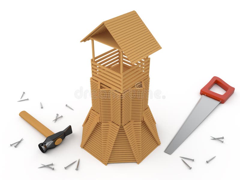 Wooden tower and tools, 3D stock illustration. Illustration of cutting ...