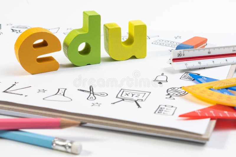 Wooden Toy EDU on Notebook with Drawing Doodle for Education. Stock ...