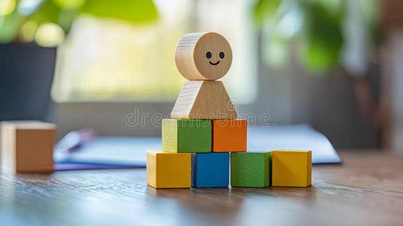 Wooden Toy Figure Smiling on Colorful Blocks for Child Development ...