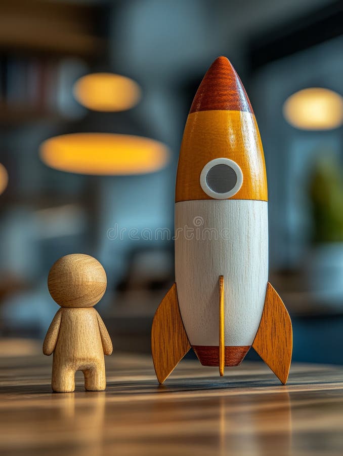 Wooden Toy Rocket with Figure on a Table Stock Photo - Image of ...