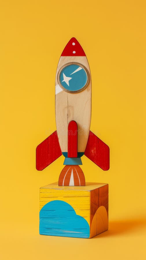 Wooden Toy Rocket on Yellow Background, Playful and Imaginative Concept ...