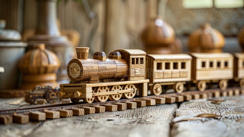 Wooden Toy Train on a Rustic Wooden Surface, Detailed Craftsmanship ...