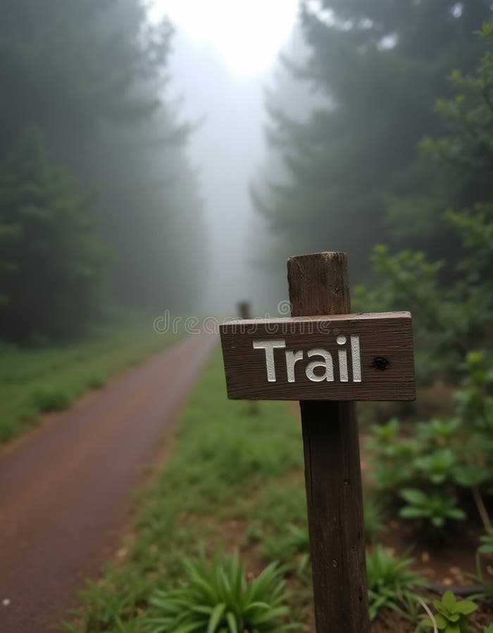 Wooden Trail Sign with Misty Forest Path Stock Illustration ...